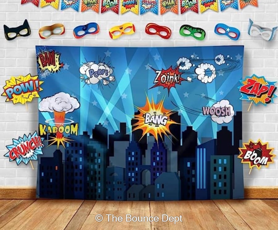 Superhero Photo Backdrop with Stand - Hire in Hampshire | The Bounce Dept
